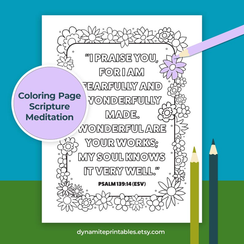 Psalm 139:14 Bible Verse Coloring Page Printable Scripture Meditation ...