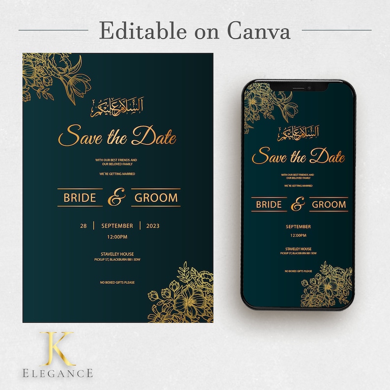 Digital Muslim Wedding Invitation Template, Electronic Emerald Green ...
