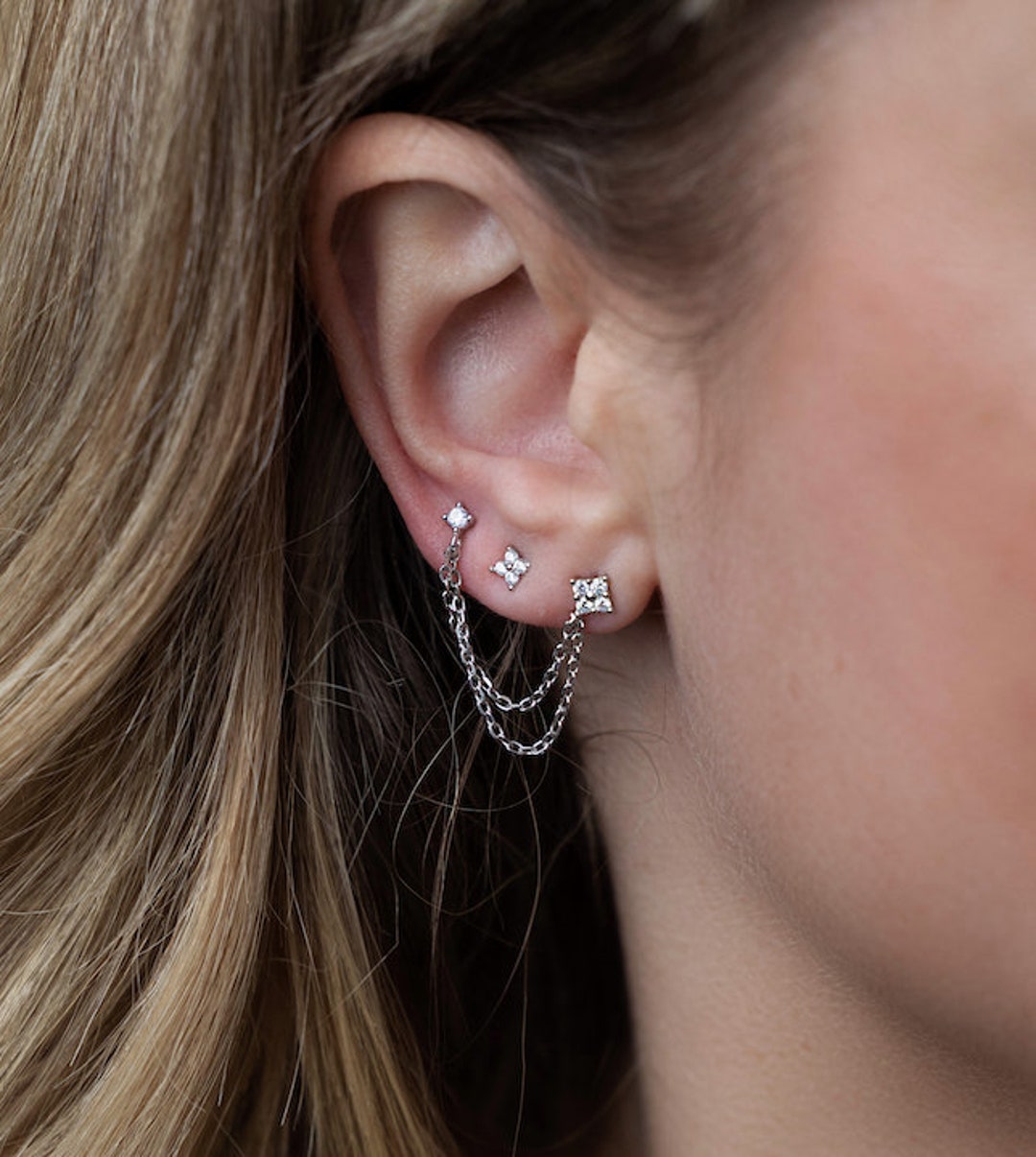 Double Stud Chain Sterling Silver Floral Earring Set, Silver Hydrangea ...