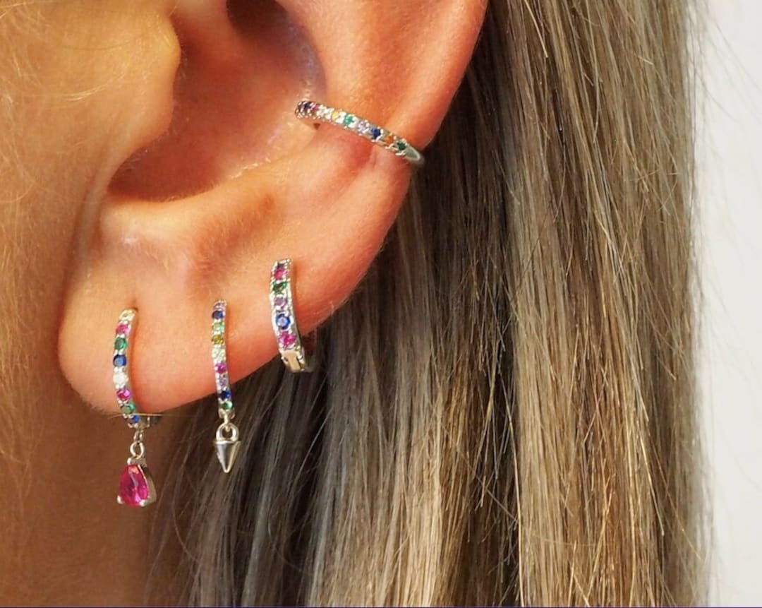 Colorful Silver Earring Set Minimalist Earrings Set for Multiple Piercing Everyday Silver Ear ...