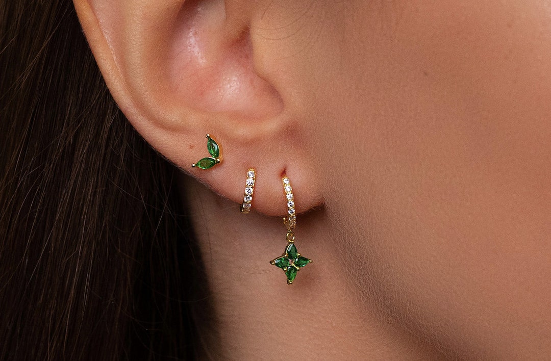 Emerald Earring Set, Emerald Dangle Earrings, Green Earring Stack Set ...