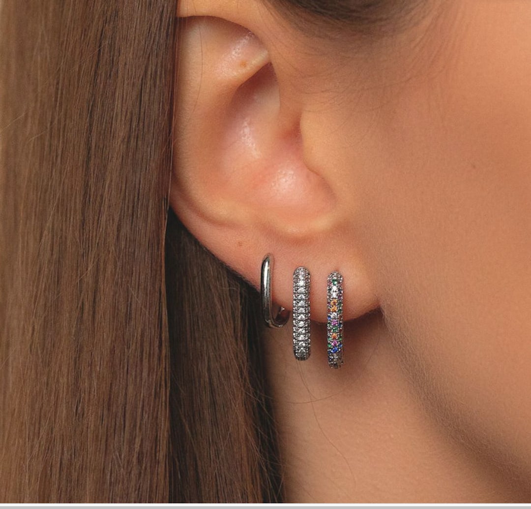 Silver Link Hoop Earring Set Colorful Silver Ear Stack Silver Stacking ...
