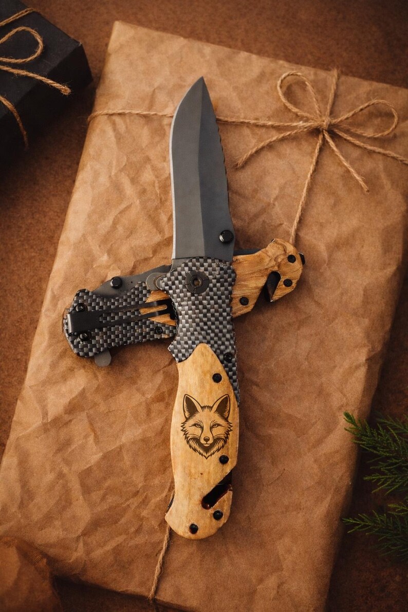 Personalized Engraved Fox Pocket Knife, Olive Wood Handle Folding Knife ...
