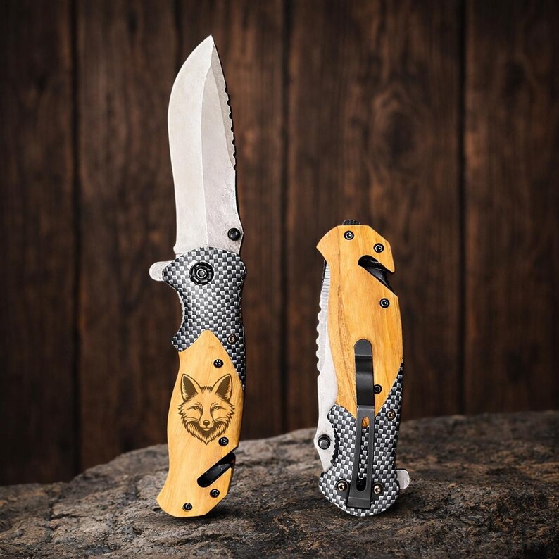 Personalized Engraved Fox Pocket Knife, Olive Wood Handle Folding Knife ...