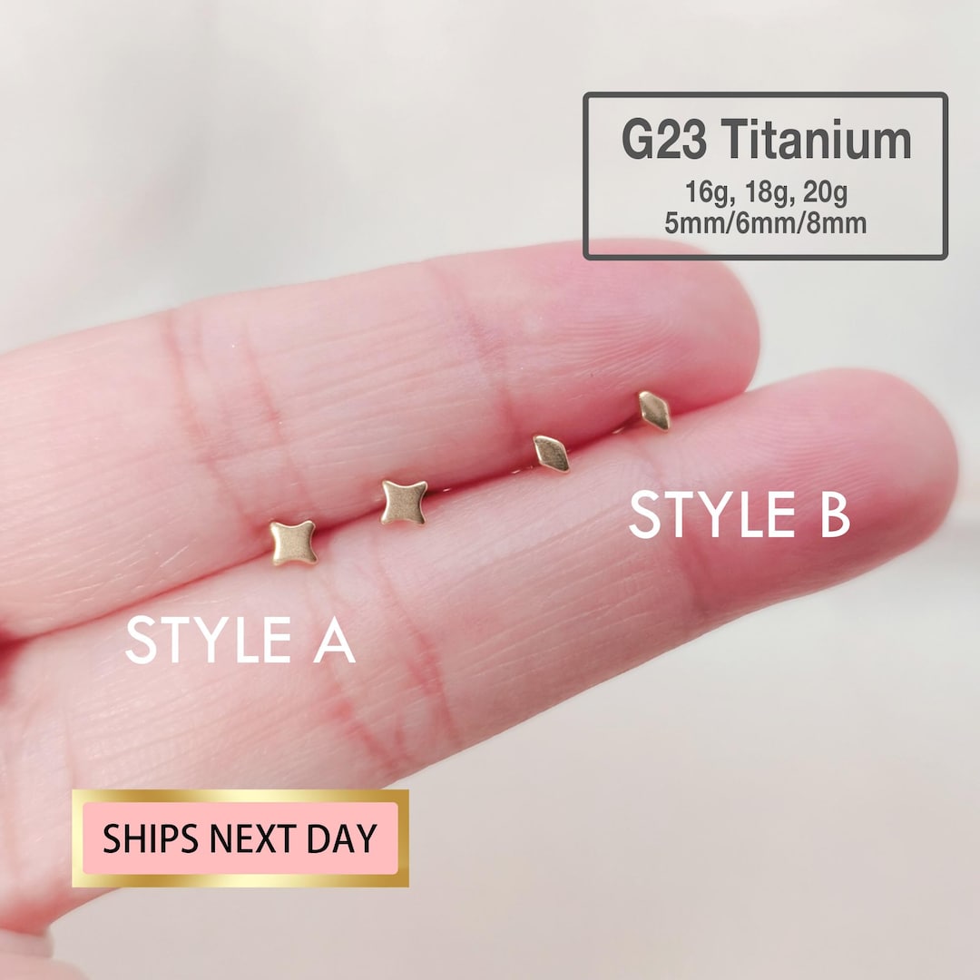 Tiny Flat Diamond Star Threadless Flat Back Earrings, Rhombus Titanium ...