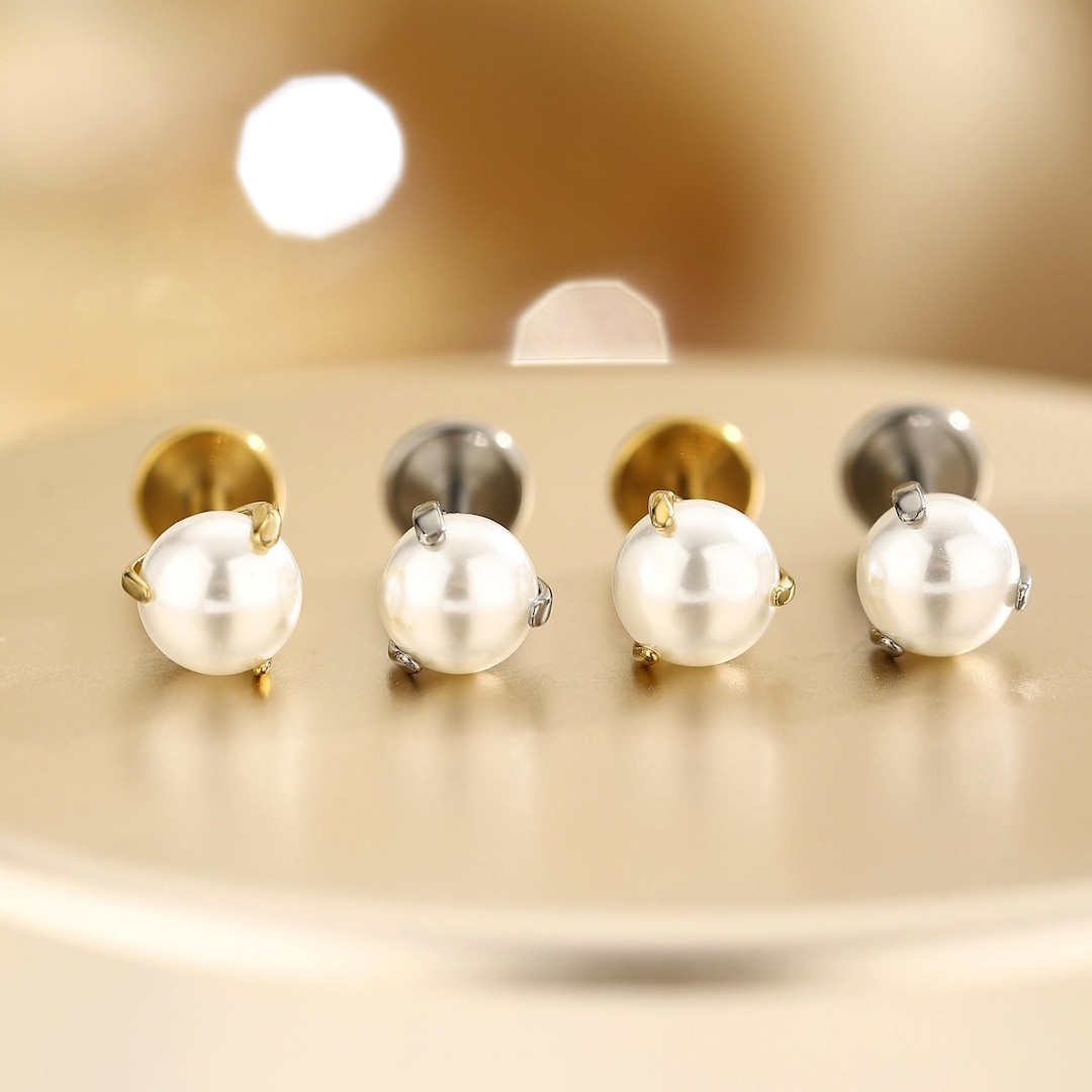 16G/18G/20G Pearl Threadless Push Pin Labret, Titanium Pearl Stud ...