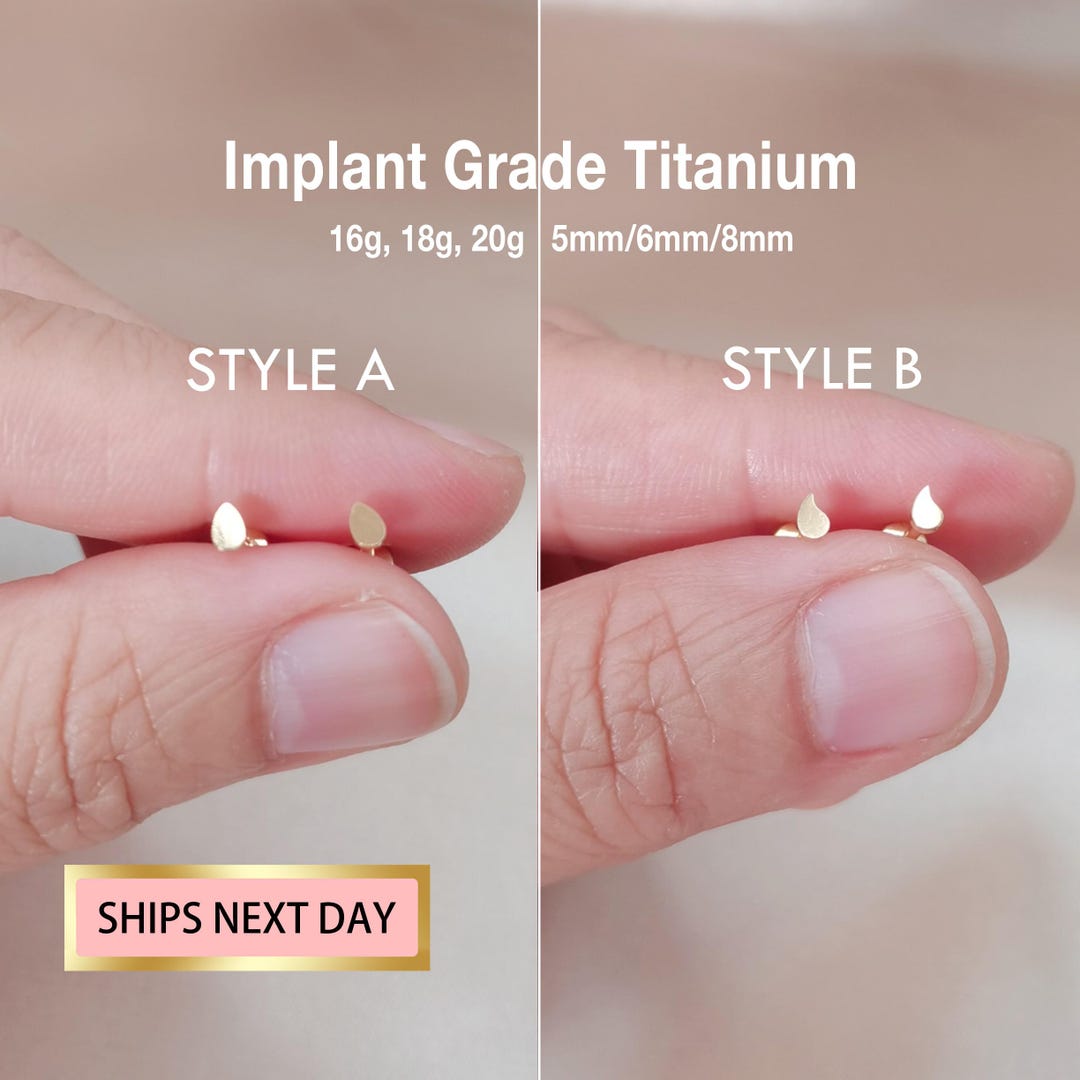 Tiny Teardrop Threadless Flat Back Earrings, Drop Titanium Stud, Mini ...