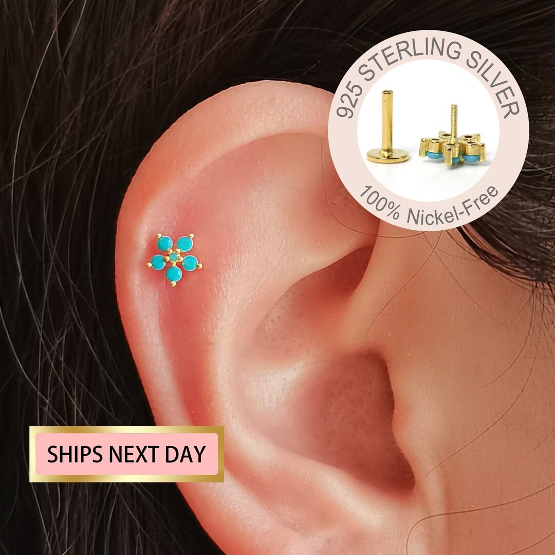 16G Dainty Blue Turquoise Flower Labret Cartilage Studs, Tiny Cz Flower ...