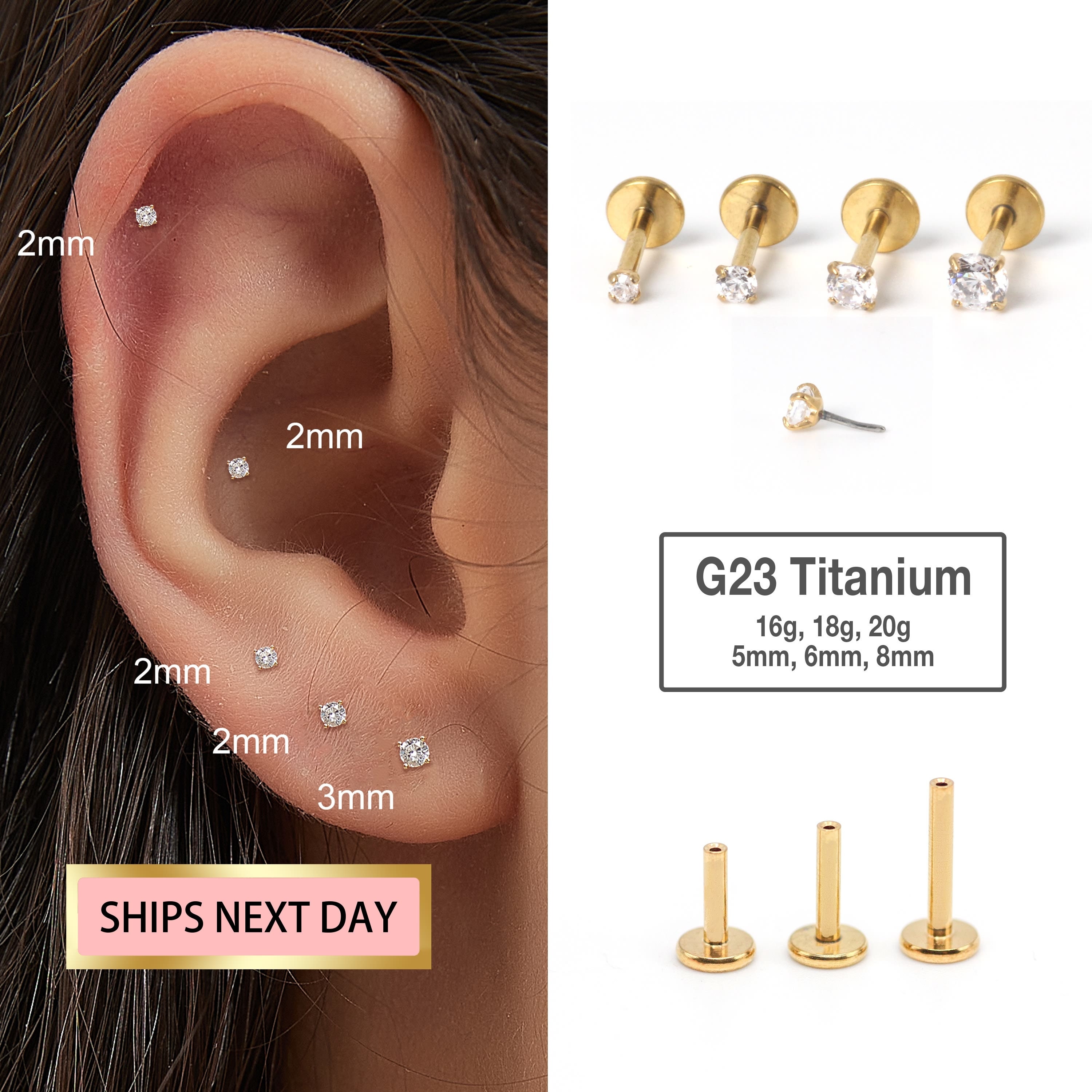 20G/18G/16G Tiny Threadless Push Pin Labret Stud, 1.5mm~3mm Gold Labret ...