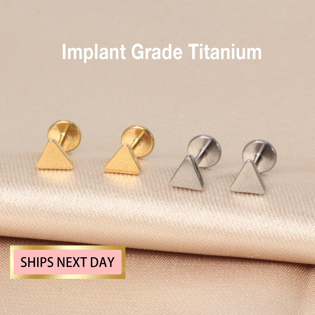 Small Titanium Triangle Push Pin Stud, Threadless Flat Back Earrings, Cartilage Piercing, Tragus ...