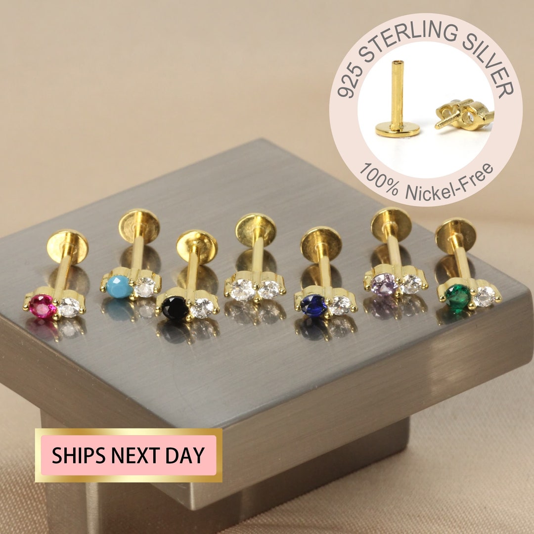 18G Tiny Two Stone Internally Threaded Flatback Labret Cz Flat Back Earring Tragus Stud Helix ...