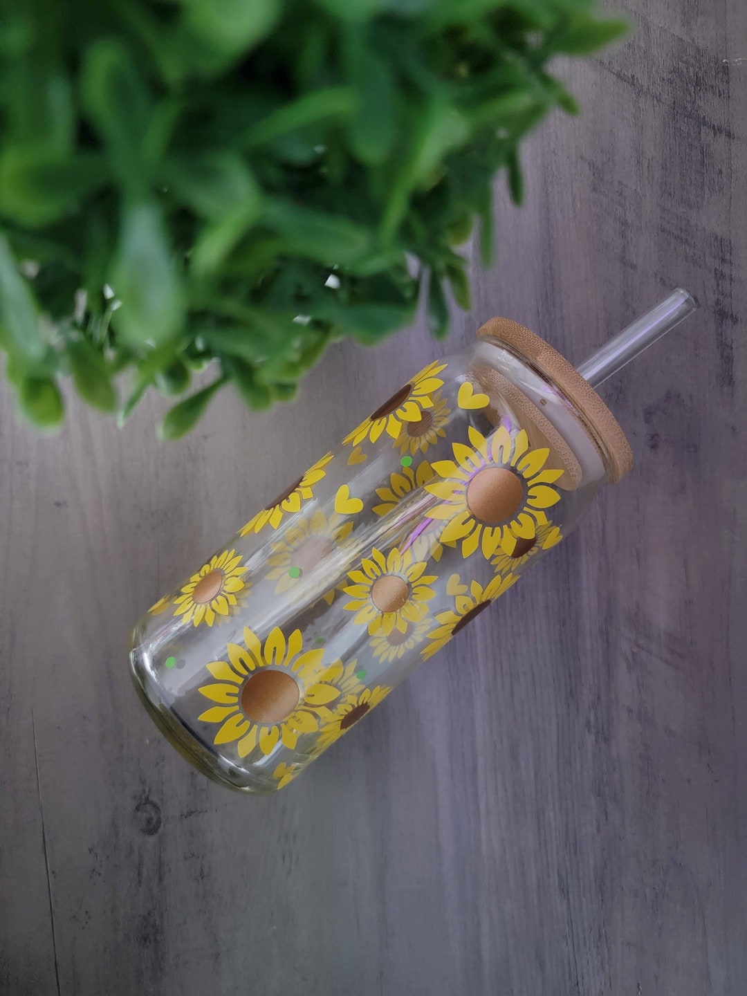 Sunflower Glass Cup, Clear Coffee Cup, Glass Iced Coffee Cup Lid and ...