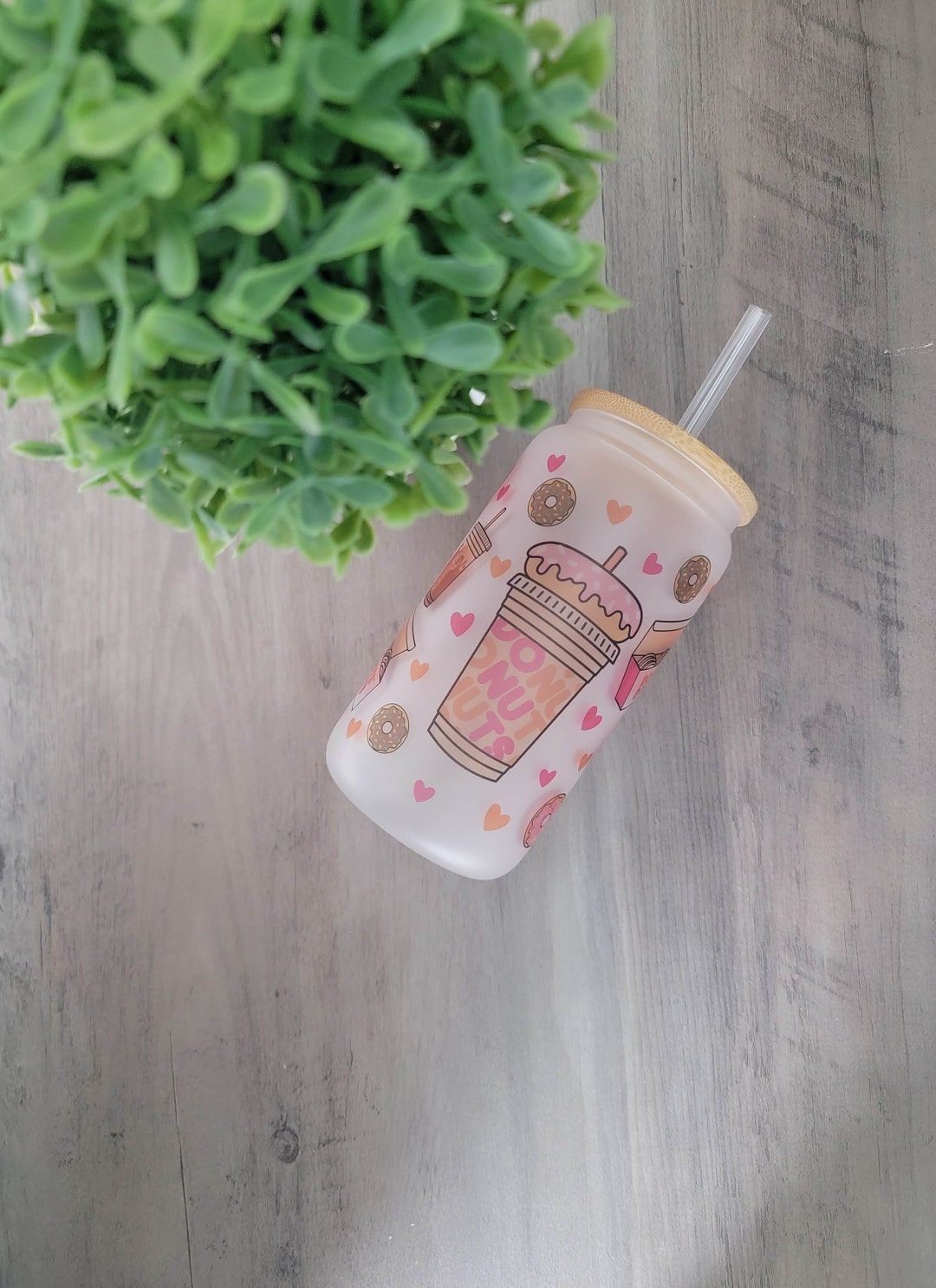 Donut Glass Cup, Frosted 16oz Coffee Cup, Glass Iced Coffee Cup Lid and ...