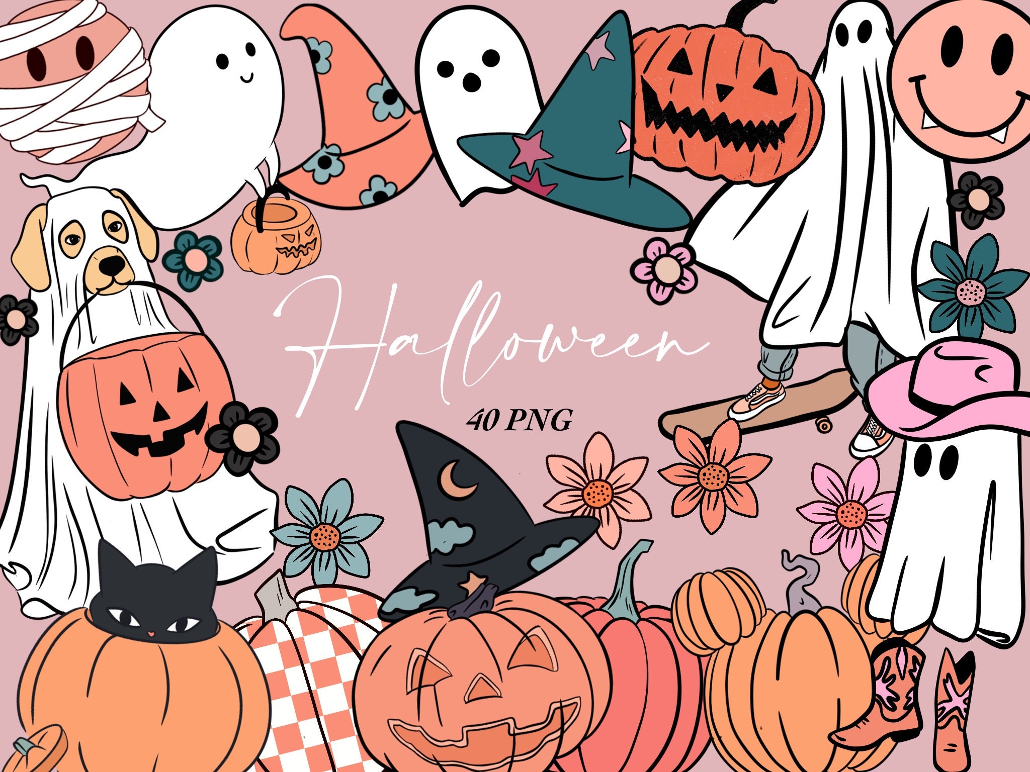 Hippie Halloween Clipart Groovy Halloween Clip Art Retro - Etsy