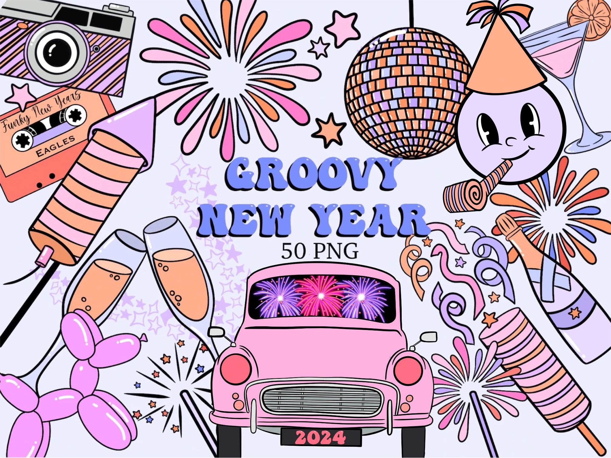 Hippie New Year Clipart, Groovy New Year Clipart Art, New Year's Eve ...