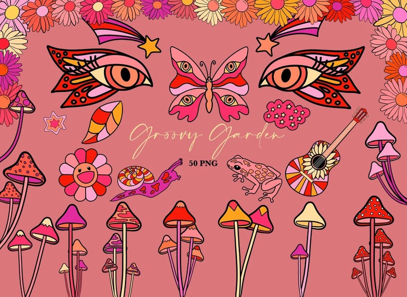 Hippie Clipart Set Hippie Png 70s Flower Clip Art Retro - Etsy