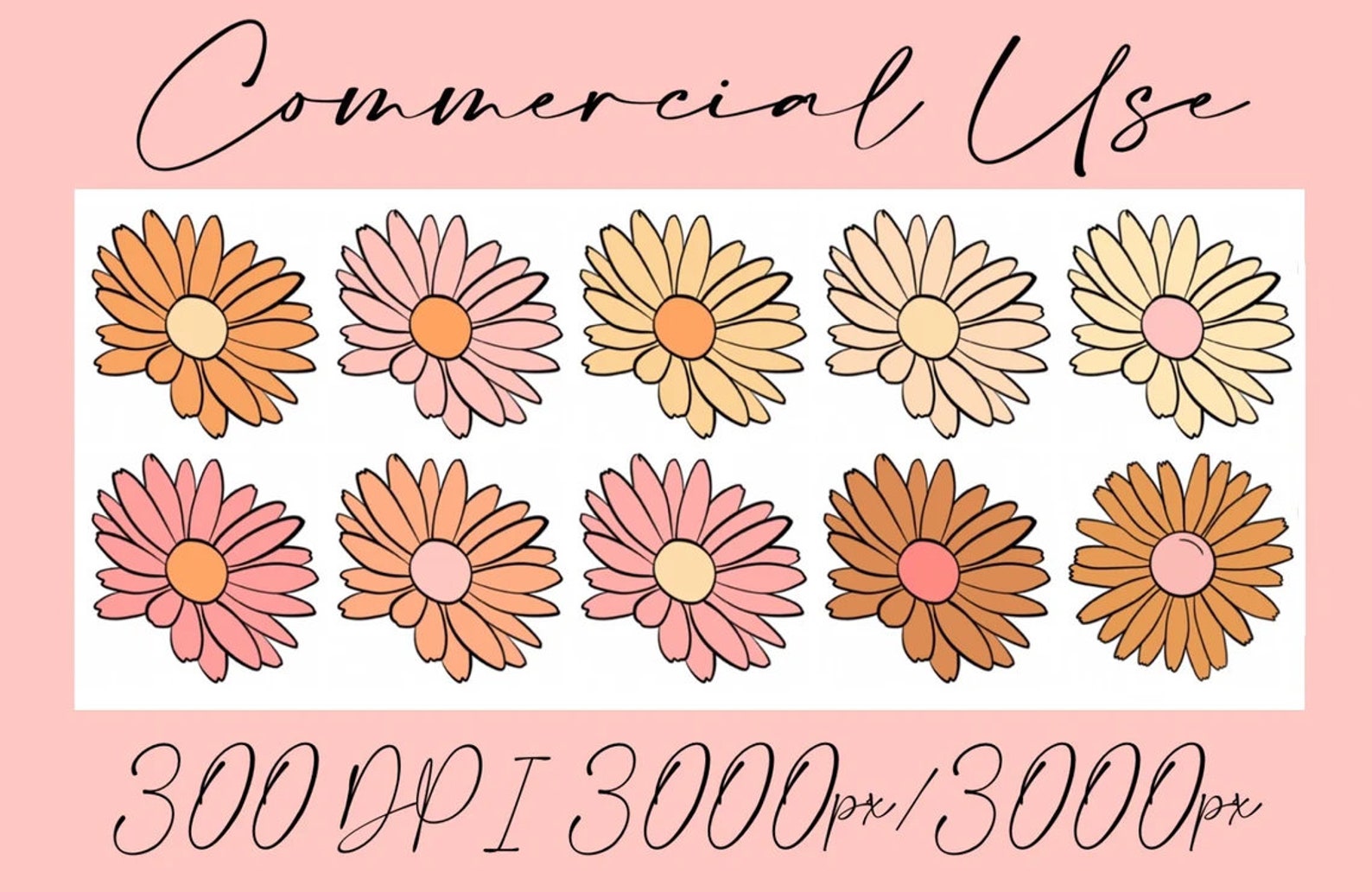 Summer Flowers Clipart, Hippie Flowers Clip Art, 70s Flowers Design ...