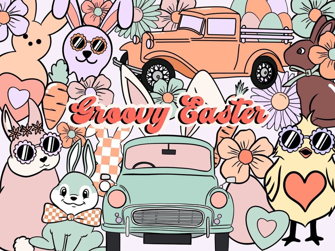 Groovy Easter Clipart, Hippie Easter Clip Art, Easter Bunny Png, Easter ...