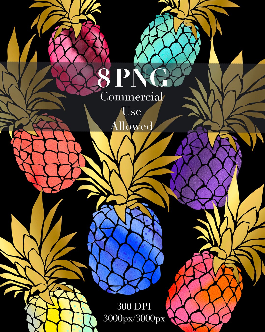 Pineapple Clipart, Commerical Use, Gold Texture Pineapples,watercolor ...