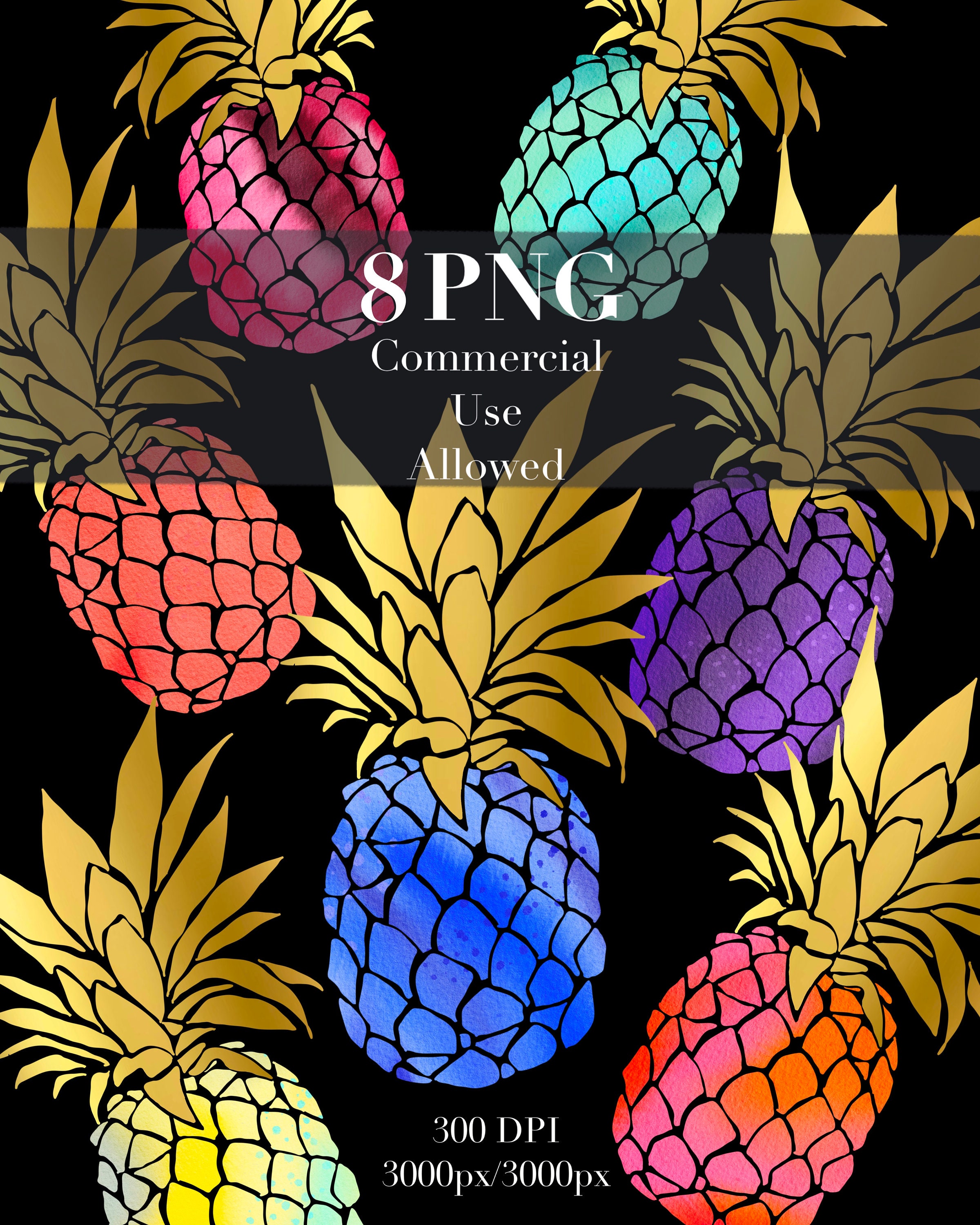 Pineapple Clipart, Commerical Use, Gold Texture Pineapples,watercolor ...