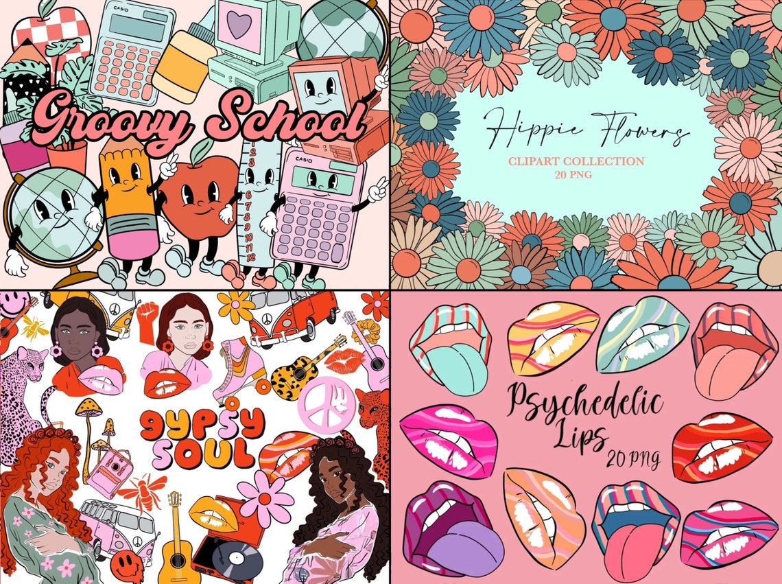 Hippie Clipart Bundle Groovy Clip Art Set Boho Clipart Png - Etsy