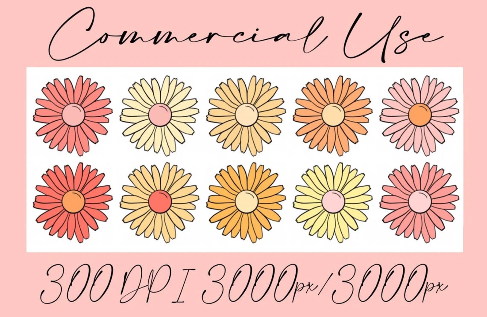 Summer Flowers Clipart, Hippie Flowers Clip Art, 70s Flowers Design ...