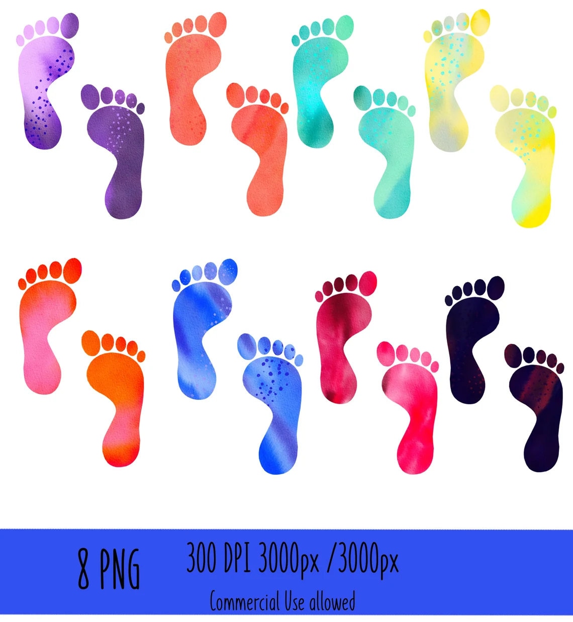 Watercolor Footprints Clipart, Foot Print Clip Art Set, Watercolor ...