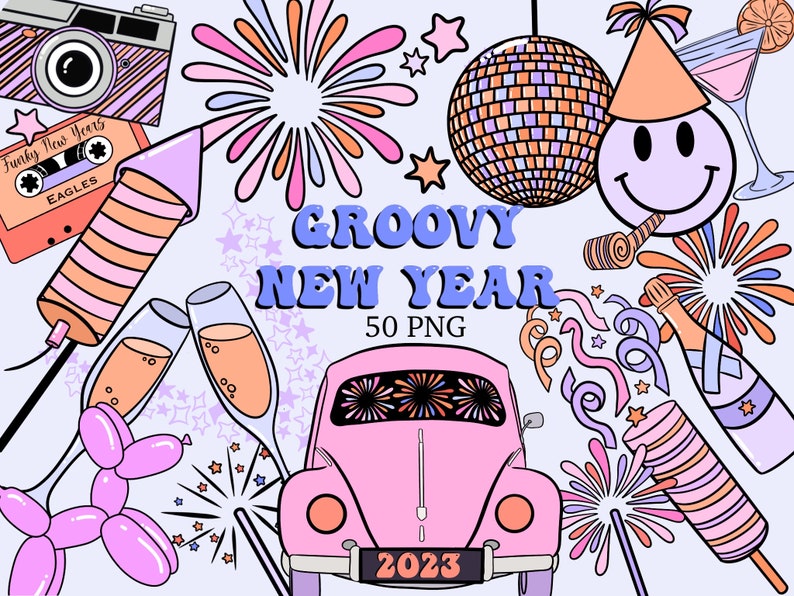 Hippie New Year Clipart Groovy New Year Clip Art Retro New - Etsy