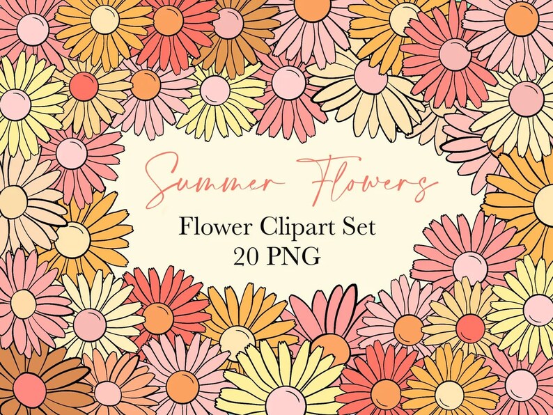 Summer Flowers Clipart, Hippie Flowers Clip Art, 70s Flowers Design ...