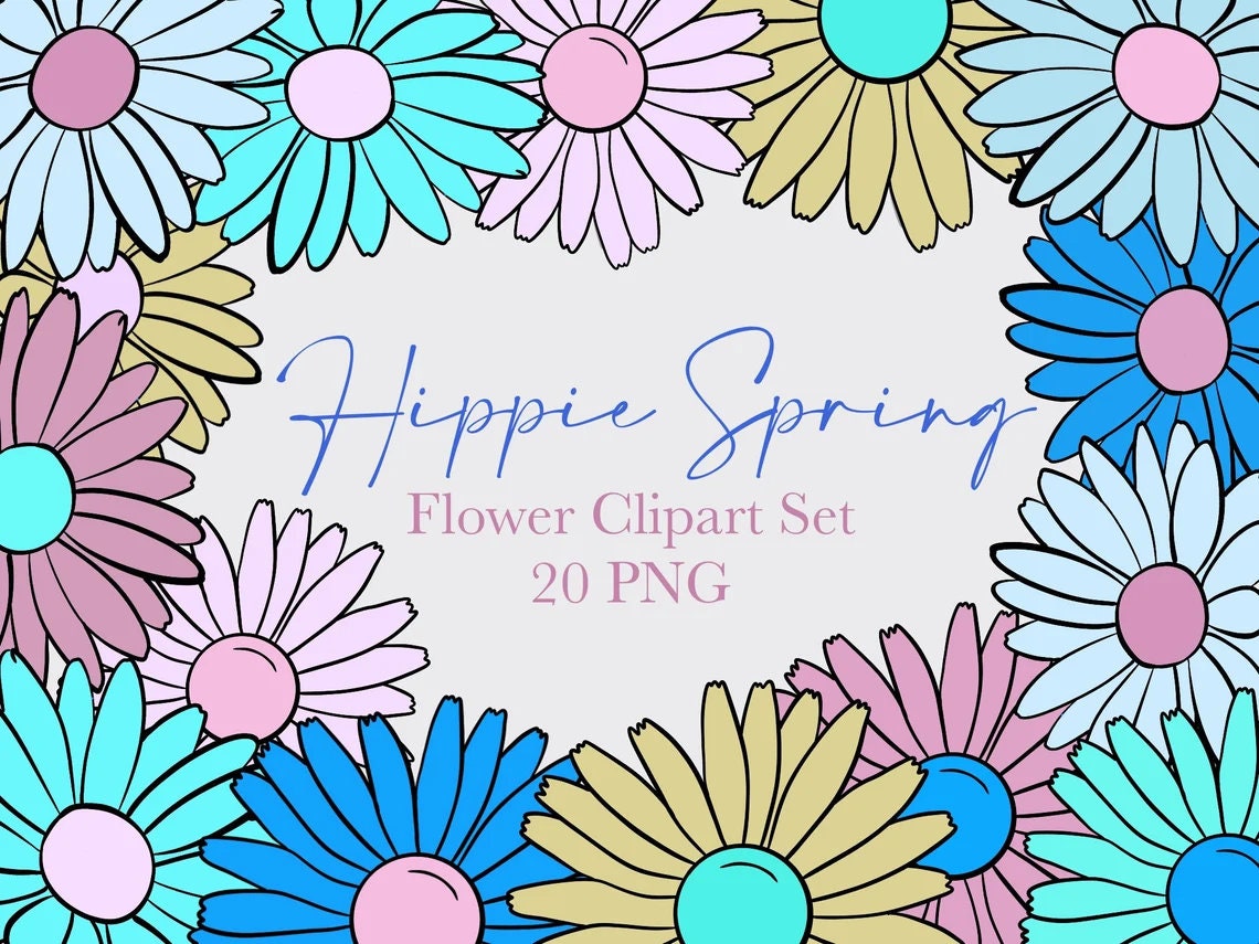 Flower Clipart Set, Hippie Flowers Clip Art, Spring Flowers Clipart ...