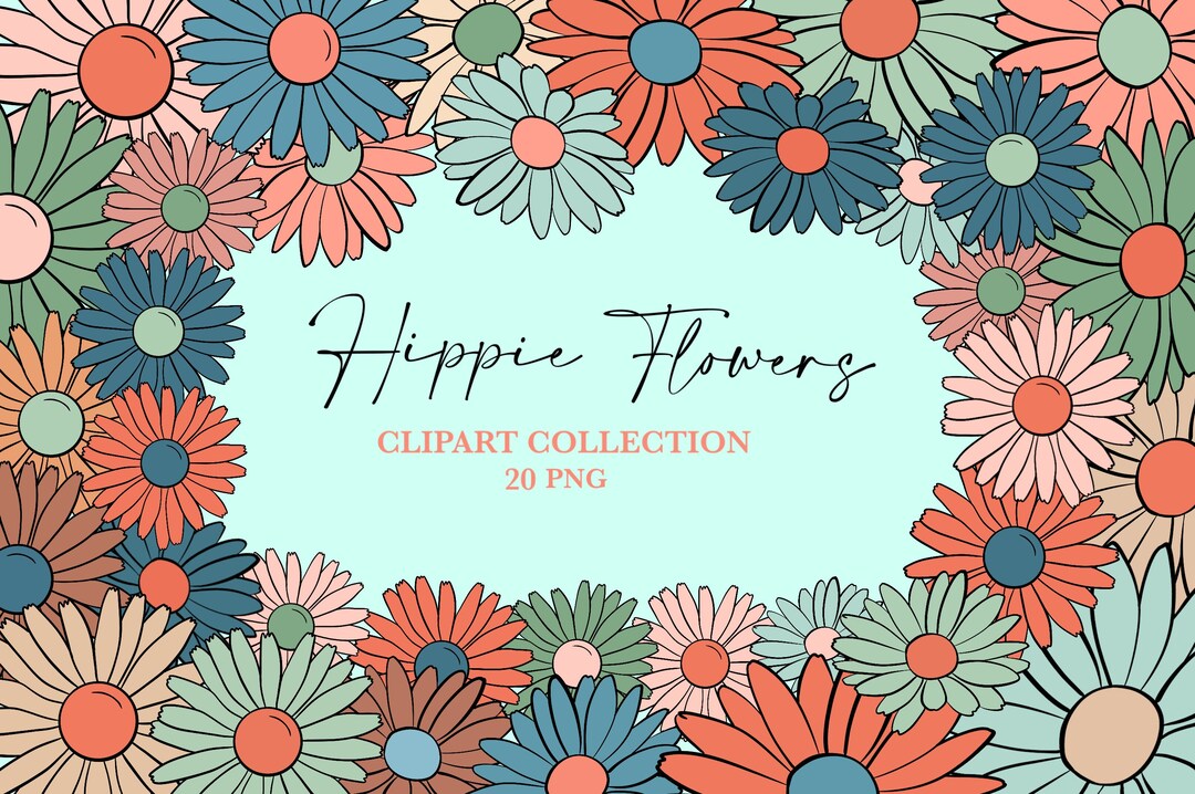 Hippie Clipart Set, Hippie Png, 70s Flowers, Retro Clipart, 90s Clipart ...