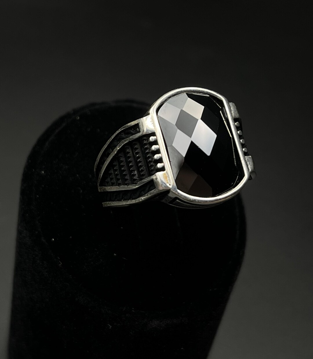 Faceted Black Onyx Men's Ring, 925 Sterling Silver Signet Ring, Dragon ...