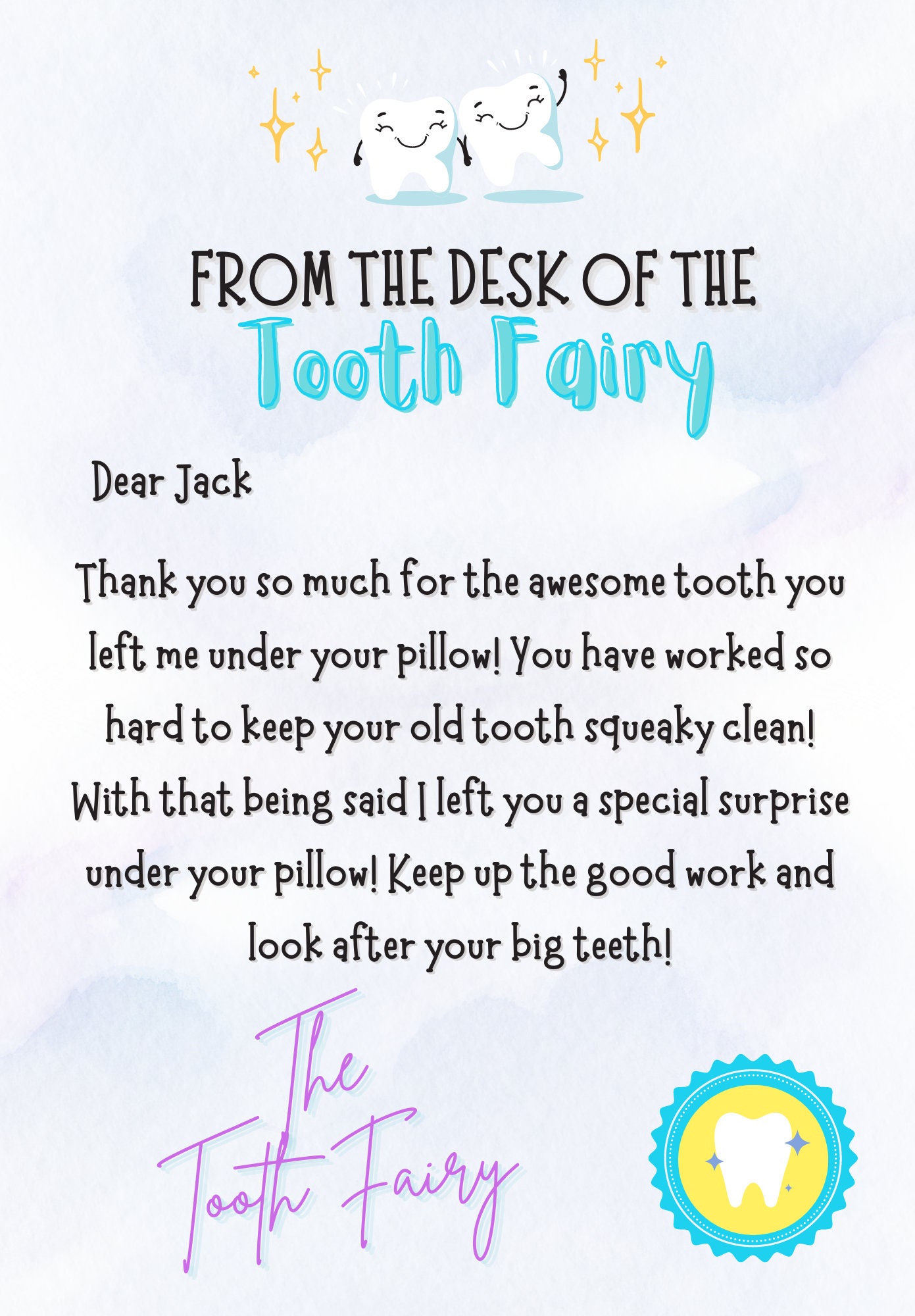 DIGITAL Customizable Tooth Fairy Letter- Instant Download - Etsy