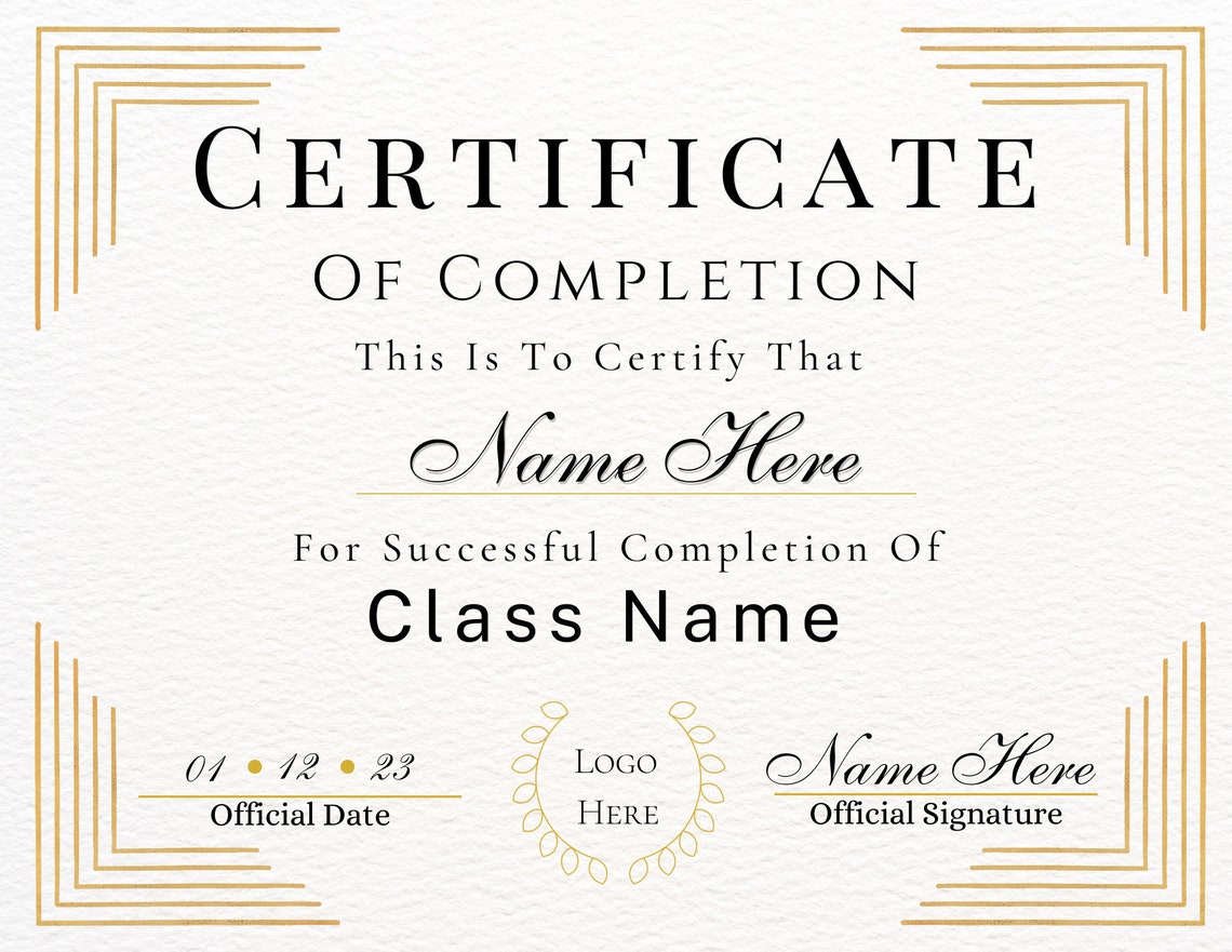 DIY Certificate of Completion Template, Gold Certificate Template ...