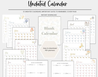 Undated Calendar Printable, Undated Calendar Fillable, Undated Calendar ...