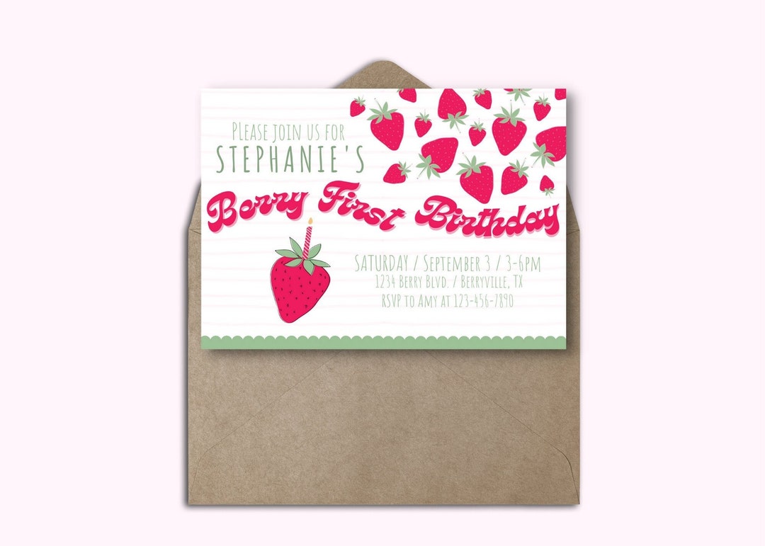Strawberry Birthday Invitation, Berry Sweet, Berry First Invitation ...