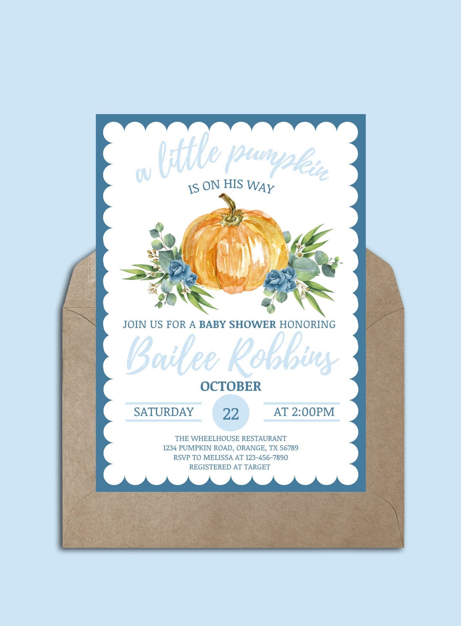 Pumpkin Baby Shower Invitation Boy, Blue Pumpkin Baby Shower, Little ...