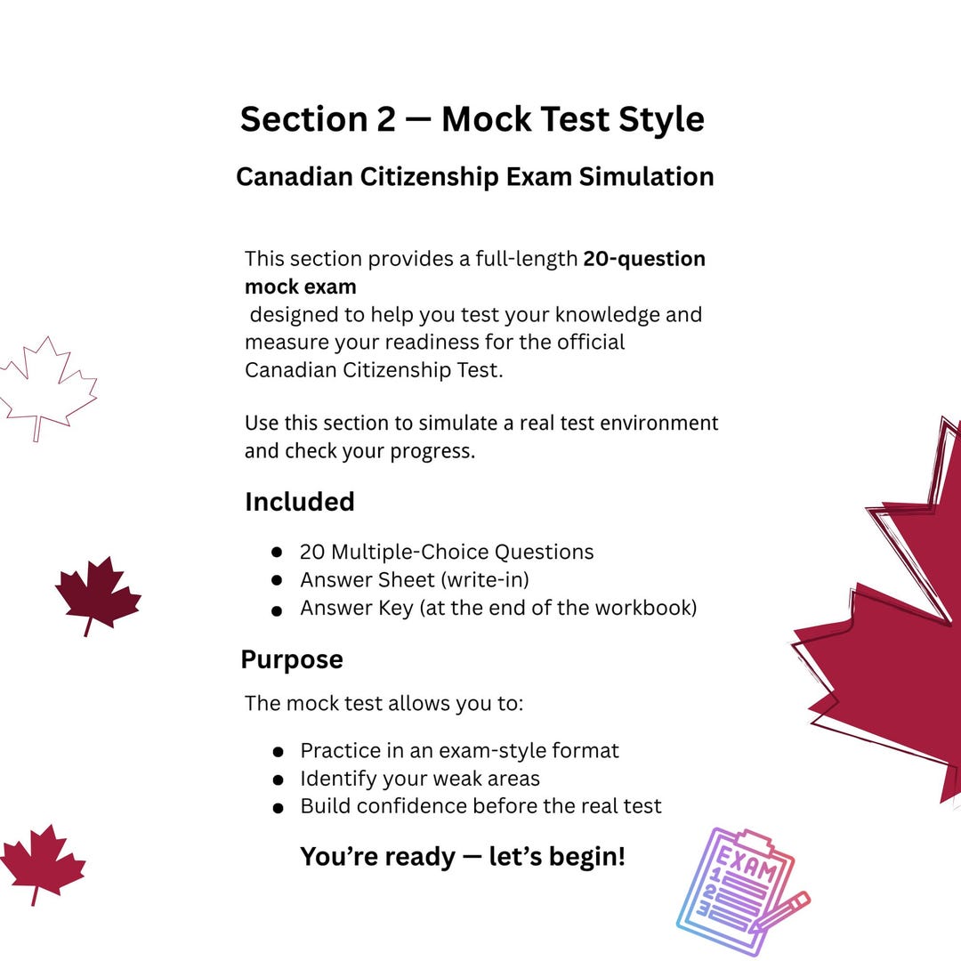 Canadian Citizenship Test Printable Workbook – Practice Questions ...