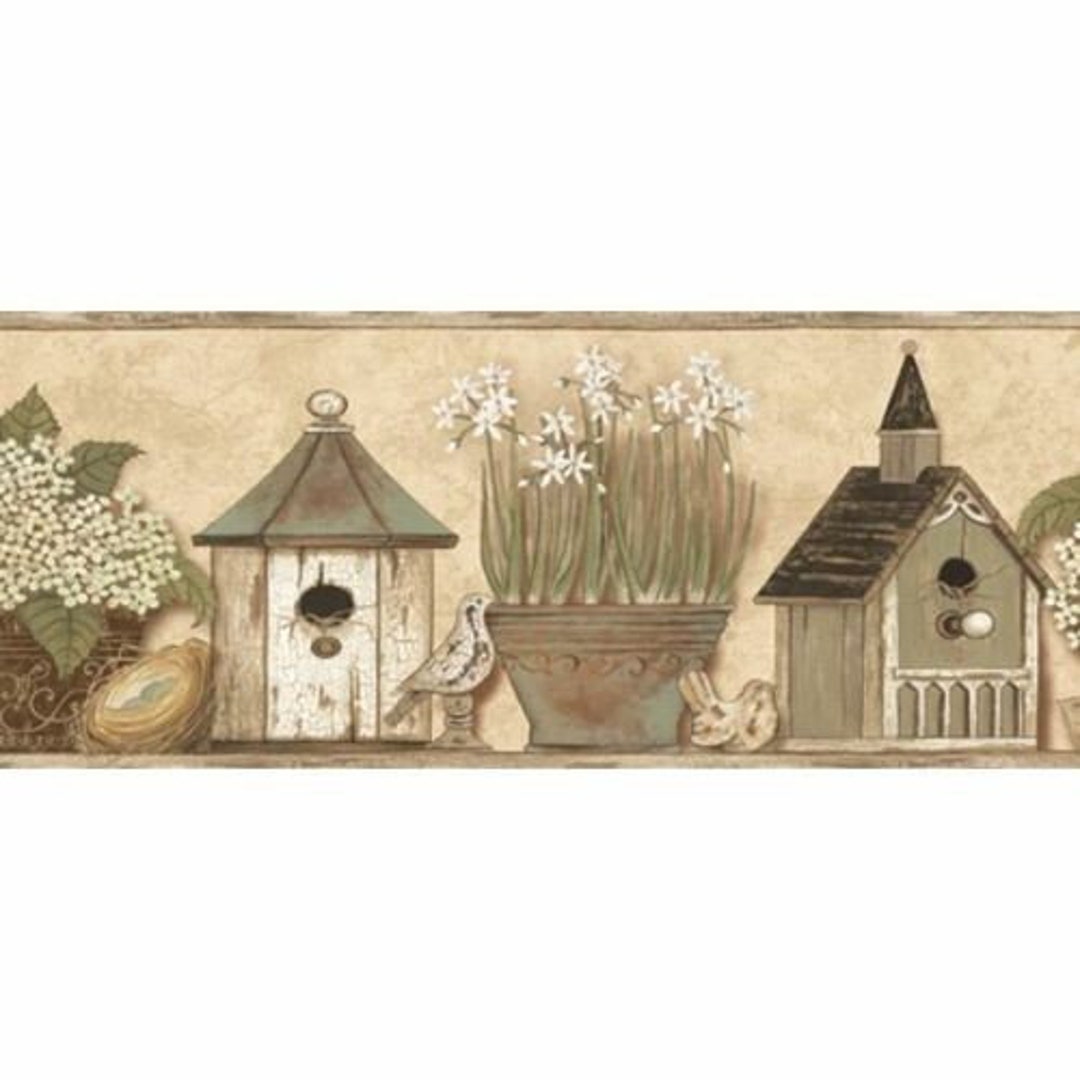 Chesapeake Birdhouse & Potted Plants PUR44561B Wallpaper Border. 7'' X ...