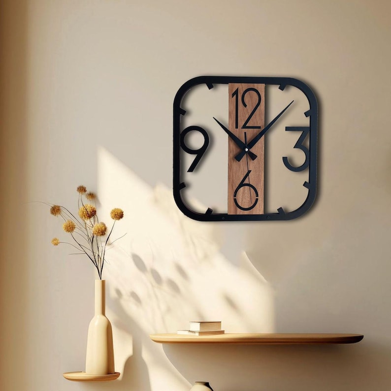 Minimalist Square Wooden Wall Clock, Modern Home Decor, Large Size ...