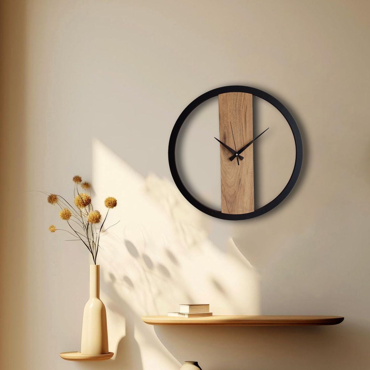 Minimalist Wooden Wall Clock,modern Style,black and Brown, Silent Non ...