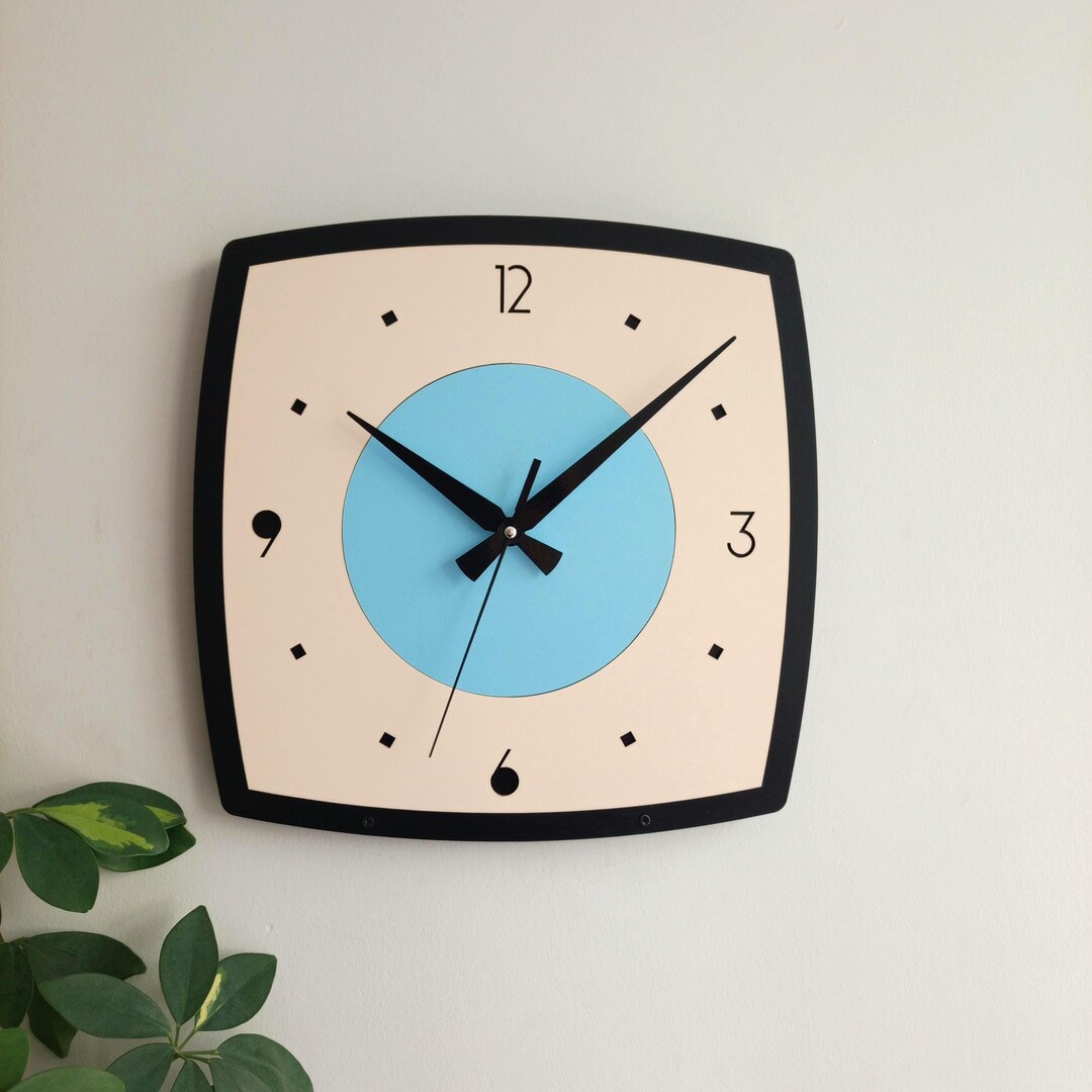 Modern Cream & Blue Wooden Wall Clock, Silent Square Clock - Etsy