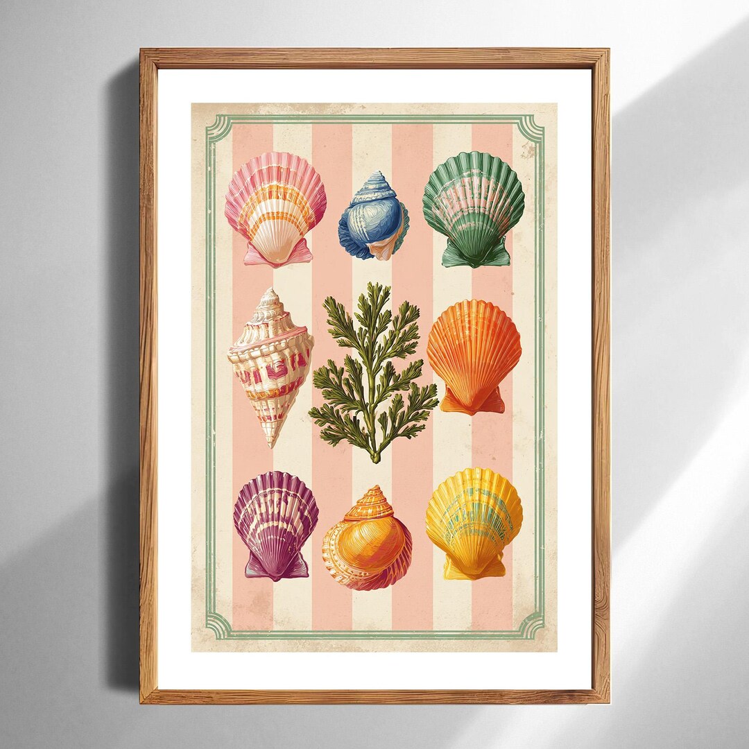 Vintage Shell Wall Art Print Collection of Colorful Seashells and Coral ...