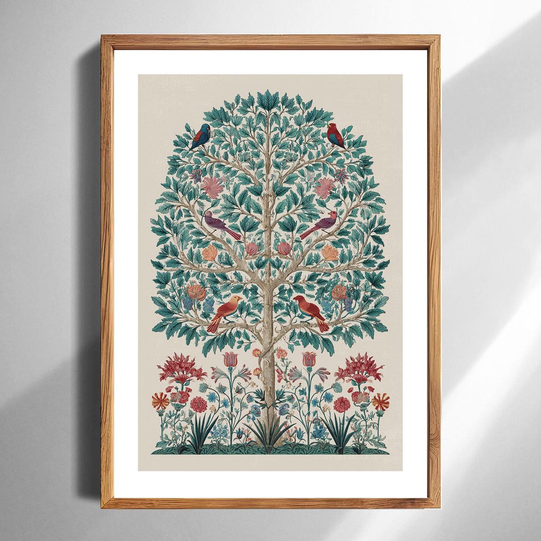 Vintage Botanical Tree Art Print With Colorful Birds and Floral Accents ...