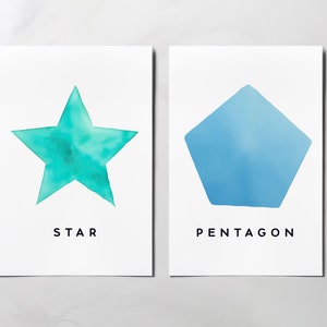 Set of 10 Watercolor Shapes Flash Cards, Preschool Educational Tools ...