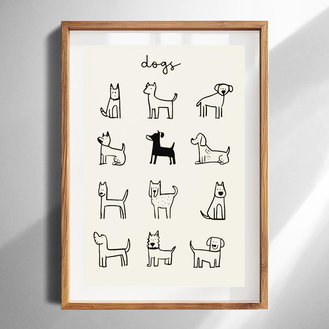 Minimalist Doodle Dogs Art Print for Dog Lovers Handdrawn Modern Line ...