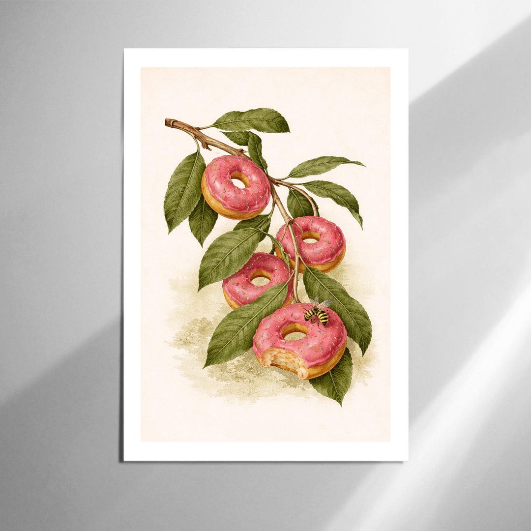 Whimsical Botanical Donut Branch Art Print With Pink Icing Vintagestyle ...