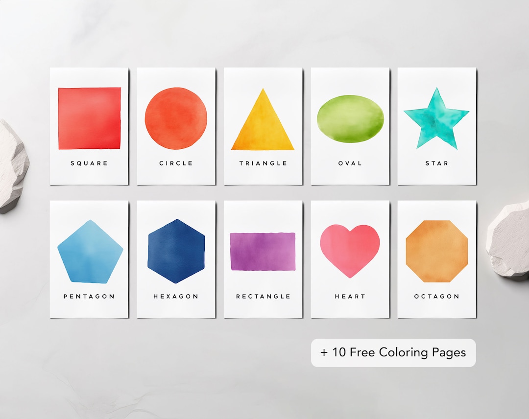 Set of 10 Watercolor Shapes Flash Cards, Preschool Educational Tools ...