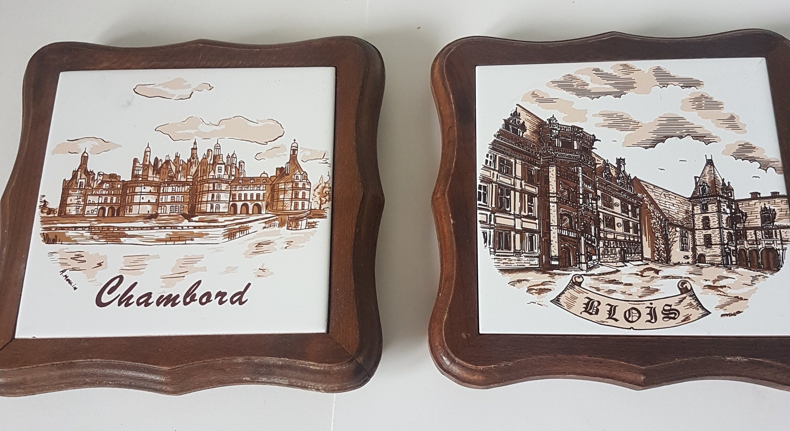 Vintage Wood Trivet Hot Plate Tile Chamborn and Blois France Lot of 2 ...