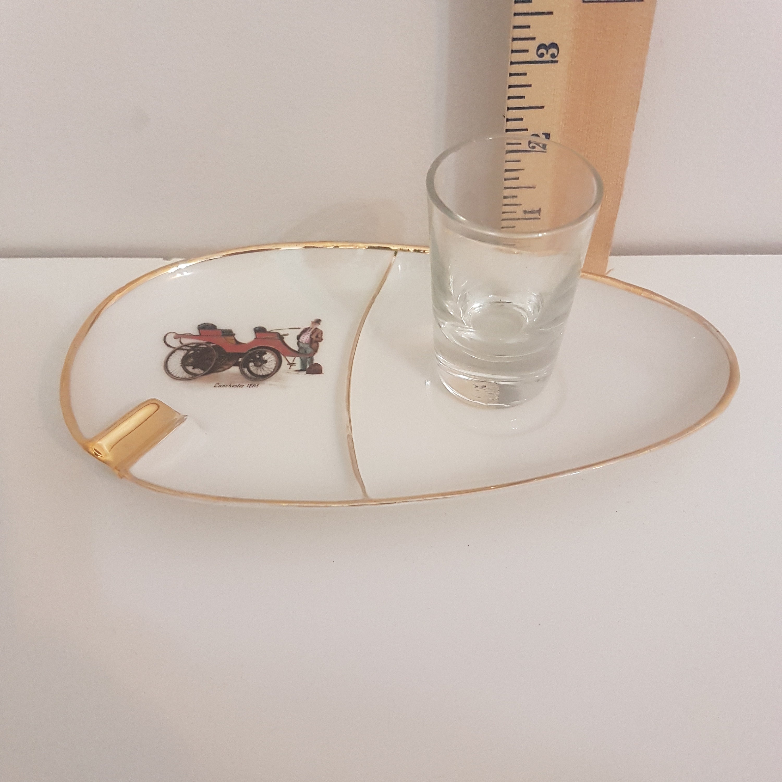 Vintage LIMOGES DAE Porcelain Lanchester 1895 Gold Trim Ashtray With ...